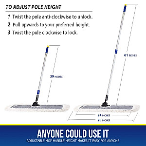 IRONGECKO Premium 24-inch Industrial Class Cotton Wide Dust Mop Head Telescopic Pole Height Max 61" | for Home, Office, Garage | Attracts Dirt, Dust, Water (24 Inch Mop)