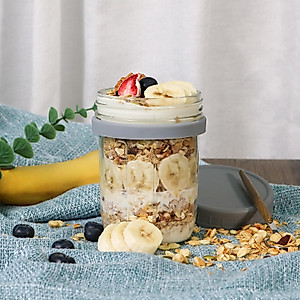 HOXHA Overnight Oats Containers With Lids And Spoon Glass Mason Jars Reusable With 12 Oz Measurement Marks For Cereal Yogurt And Parfait
