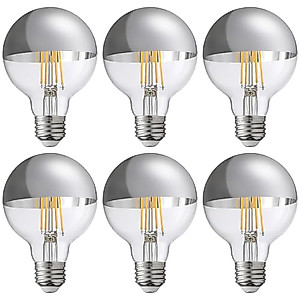 TORCHSTAR Dimmable Half Chrome Light Bulb, 7W (75W Eqv.), Anti Glare LED Light Bulbs, UL Listed, E26 Silver Dipped Bulb, G25 Globe Light Bulbs for Bathroom, Vanity, Mirror, 3000K Warm White, Pack of 6