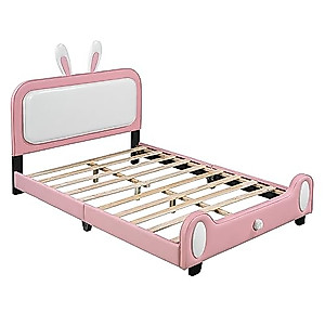 YSWH Full Size Upholstered Rabbit Shaped Princess Bed, Wood Platform Bed Frame with Bunny Ears Headboard and Bunny Tail Footboard, Kids Bedroom Furniture Fun Cute Rabbit Bed Pink Bed