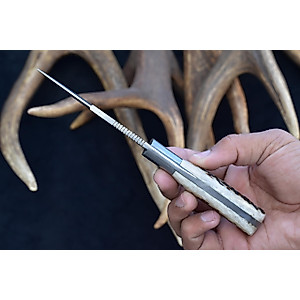 Knives Ranch Handmade All-Rounder Damascus Steel 7-1/2" Knife with Red Stag Antler Handle and Heavy-Duty Cow Leather Horizontal Carrying Cowboy Style Sheath (2142-SG)