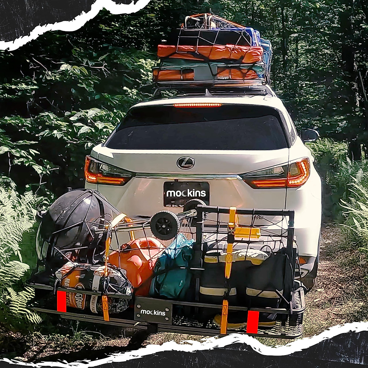 Mockins 60"x20"x6" Folding Trailer Hitch Cargo Carrier Weatherproof | 500 Lbs Cap Luggage Rack for SUV, Cars & Trucks| Universal 2" Receiver Hitch Cargo Rack with Car Carrier Accessories