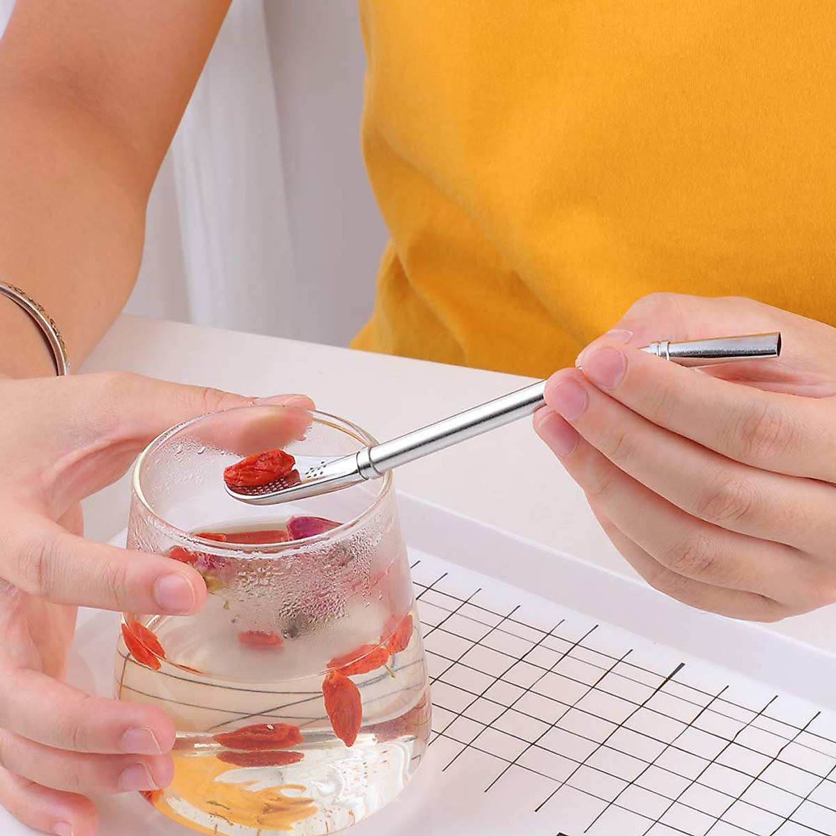 3in1 Metal Straw Spoons for Drinks, Baikai 18/8 Stainless Steel Reusable Tea Filter Stirring Drinking Straws,Set of 10, 6.2 inch (8 Straws+ 2 brushes) (Silver)