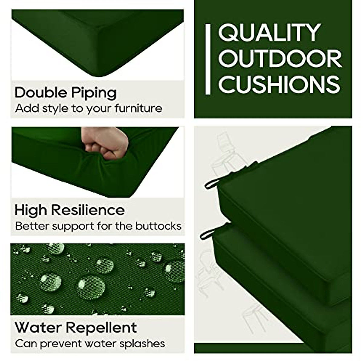 LOVTEX 19x19 Outdoor Chair Cushions Set of 2, Waterproof Patio Cushions for Outdoor Furniture, Thick Outdoor Seat Cushions for Chairs with Straps and Portable Handle(Forest Green)