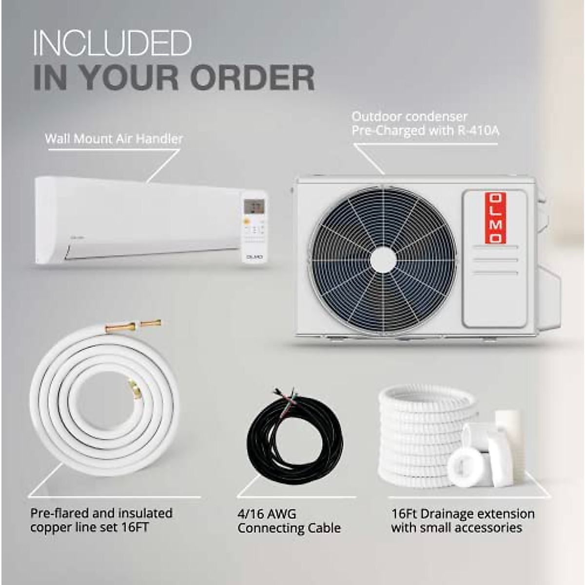 OLMO Alpic 12,000 BTU, 110/120V, 17.4 SEER2, Pre-charged Ductless Mini Split Air Conditioner with Heat Pump Including 16ft Installation Kit