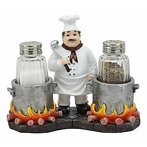Set Of 1 Standing Chef With Flaming Pots Salt And Pepper Shakers
