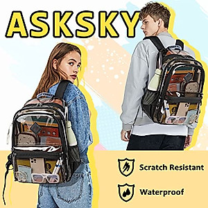 ASKSKY Clear Backpack Stadium Approved, Thriple Compartments Book Bag Heavy Duty Black PVC See Through Backpack for School for College Travel Work Festival, Black and Grey