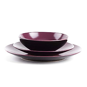 HomeVss Stoneware Two-Tone Colors Life 18pc Dinner Set，Outside Shiny Black + Inside Matte Glaze Plum