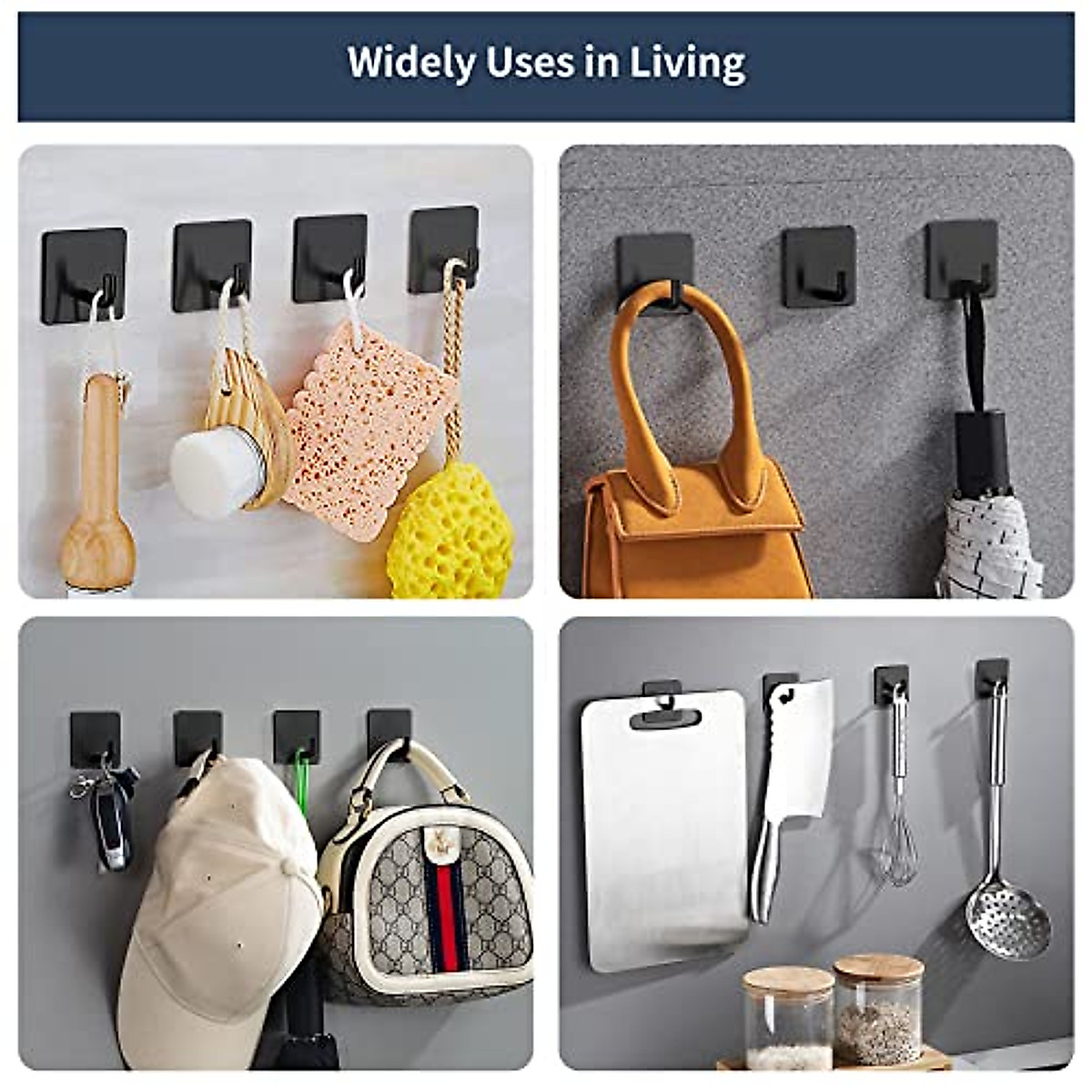 Self Adhesive Hook, Waterproof in Shower Hooks for Hanging Loofah, Towels, Clothes, Robes for Bathroom Stainless Steel Removable Adhesive Wall Hook Heavy Duty Stick on Hooks 4 Pcs (Black 4 PCS)