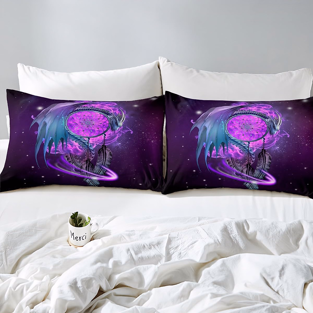 Erosebridal Galaxy Bedding Set Queen Size Dream Catcher Comforter Cover Boho Theme Duvet Cover Set Dragon and Feather Printed 3 Piece Bedding Decorative with 2 Pillow Cases for Kids Adults,Purple