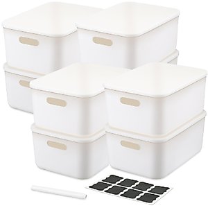 BBTO 8 Pcs White Plastic Storage Organizer Bins with Lids Large Stackable Storage Boxes with Handle Organizing Containers Including Labels and Markers for Family Organization, 14.4 x 10.4 x 6.5 Inch