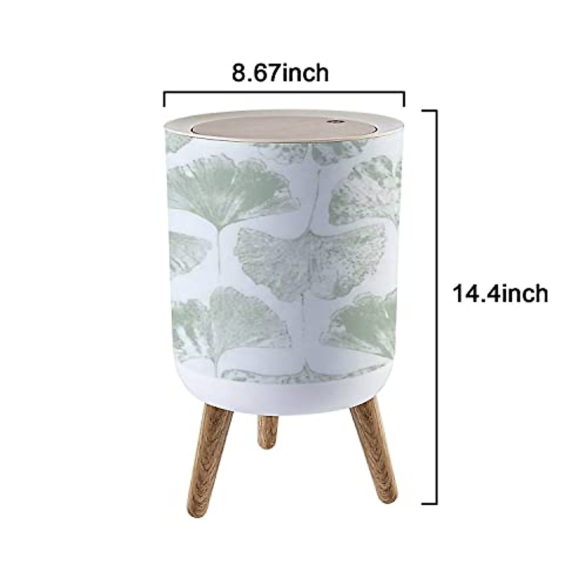 Small Trash Can with Lid Sage green ginkgo biloba leaves pale botanical seamless Floral Natural Waste Bin with Wood Legs Press Cover Wastebasket Round Garbage Bin for Kitchen Bathroom Bedroom Office