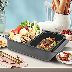 SNKOURIN Hot Pot with Grill,2 in 1 Indoor Non-Stick Electric Hot Pot and Frying Pan,Independent Temperature Control,Portable Multifunctional Smokeless Korean BBQ Grill for 1 - 2 People (Black)