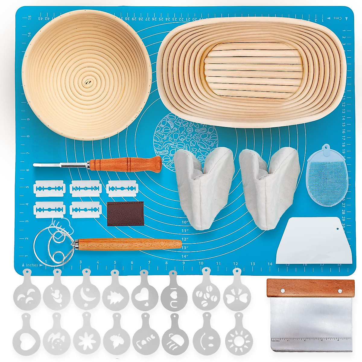 Reggimi Banneton Bread Proofing Basket Set - 27 Piece Bread Making Kit with Round and Oval Proofing Baskets for Sourdough Bread Baking, Lame, Dough Scraper, Whisk, Silicone Mat, Stencils, and More