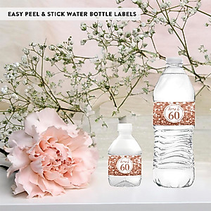 Andaz Press Glitzy Faux Glitter Rose Gold Water Bottle Labels Stickers, Cheers to 60, 60th Birthday Water Bottle Labels Anniversary 60th Birthday Decorations for Women Birthday Party Favors, 20-Pack