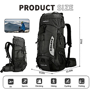King'sGuard 60L Hiking Backpack Men Women Camping Backpack Waterproof Backpacking Mountaineering Climbing Daypack with Rain Cover (Black)