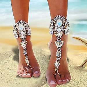 Woeoe Bling Rhinestone Barefoot Sandals Gold Crystal Anklet Pearl Anklets Foot Chain Beach Feet Jewelry for women (Silver)