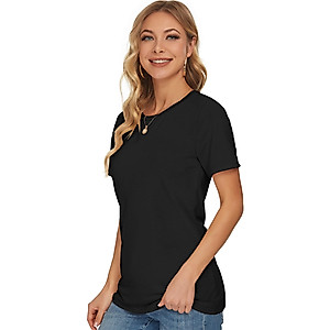 WNEEDU Womens T Shirts Short Sleeve Crewneck Loose Summer Tees Basic Tops(Black,S)
