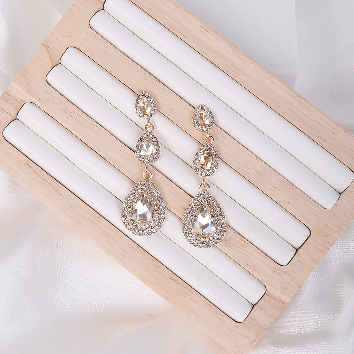 JWICOS Champagne Unique Pear Shape Drop Earrings for Brides and Bridesmaids Wedding Rhinestones Bridal Earrings for Prom, Party, Formal Occasion (Champagne)