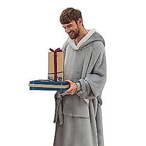 Bedsure Oversized Wearable Blanket Hoodie - Long Sherpa Fleece Hooded Blanket for Adult Women Men, Warm Cozy Big Blanket Sweatshirt with Giant Pocket and Belt, Winter Gifts for Men, Oversize, Grey