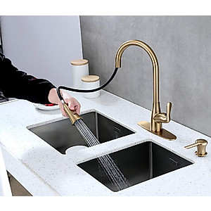 Derengge Brushed Gold Kitchen Faucet Single Handle Pull-Down Kitchen Sink Faucet with Soap Dispenser and Deck Plate, Faucet for Farmhouse, Camper, Laundry, Rv, Bar,KF-058DS-CS