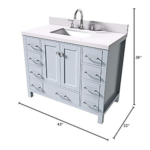 ARIEL Bathroom Vanity 43" Inch in Grey with Pure White Quartz Countertop, Rectangular Sink, 2 Soft Closing Doors and 9 Full Extension Dovetail Drawers, No Mirror