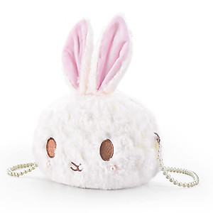 kawaii bunny Crossbody bag,cartoon Plush Rabbit wallets,cute Lolita Handbag for women, Lovely Fluffy animal purse (pearl chain) white