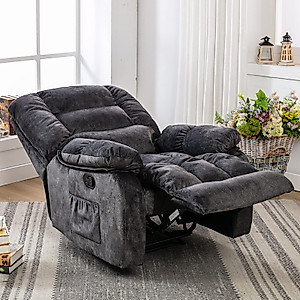 ANJHOME Overstuffed Massage Recliner with Heat and Vibration, Soft Fabric Manual Reclining Chairs with Side Pocket for Living Room (Gray)