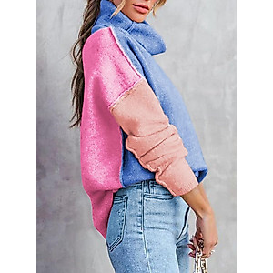 Dokotoo Sweaters for Women 2024 Winter Cowl Neck Side Split Oversized Pullover Tops Batwing Long Sleeve Color Block Knitted Sky Blue Sweater Pullover Tops XX-Large