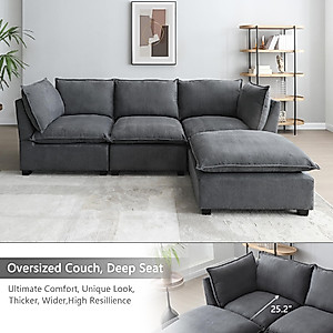 GNIXUU Cloud Modular Sectional Sofa, Convertible Large L-Shape Feather Filled Comfort Sectional Sofa with Ottoman, Linen Deep 4 Seat Couches for Living Room. Washable Cover, Gray