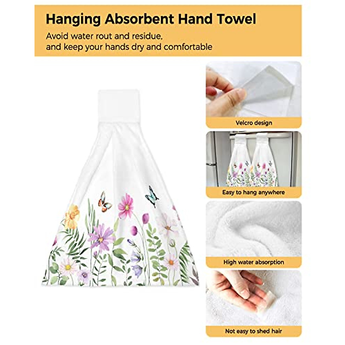 Spring Blossom Flowers and Butterfly Hanging Kitchen Towels Soft Absorbent Hand Tie Towels Set with Hook&Loop,Botanical Plants on White Tea Bar Dish Cloths Towel for Bathroom Laundry Room BBQ,2pc