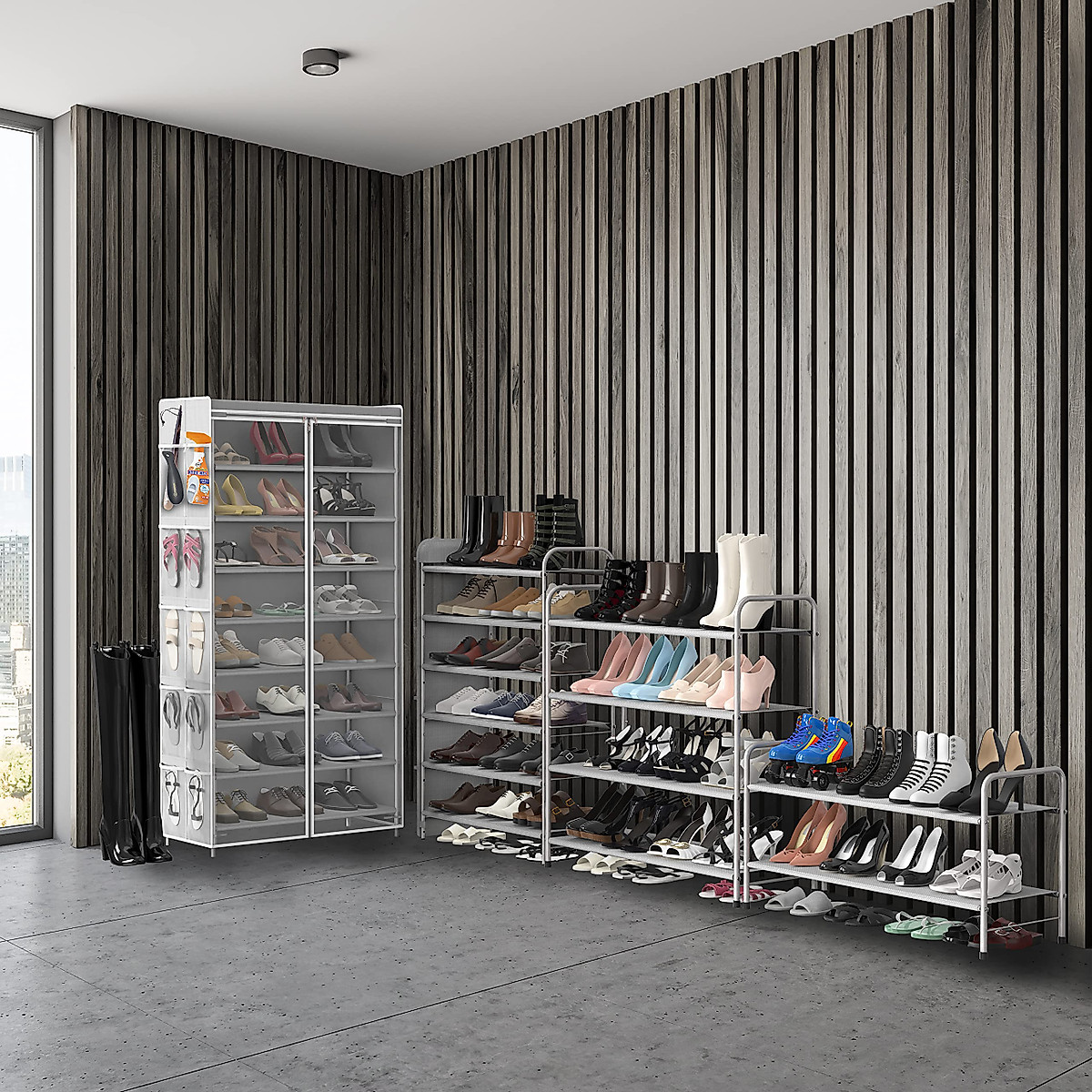 Simple Houseware 8 Tiers Shoe Rack with Zipper Cover | Side Hanging Pockets, Gray