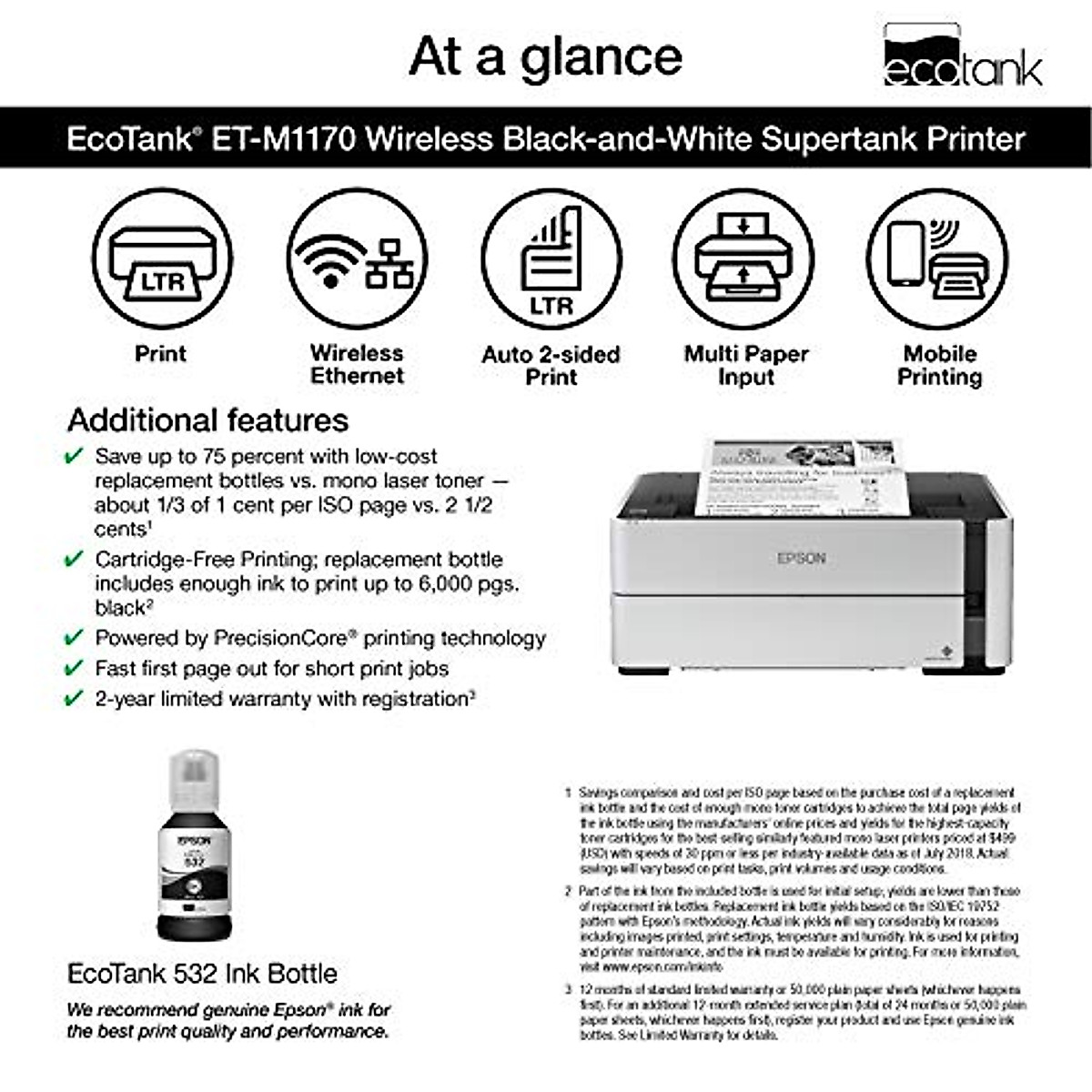 Epson EcoTank ET-M1170 Wireless Monochrome Supertank Printer with Ethernet PLUS 2 Years of Unlimited Ink*