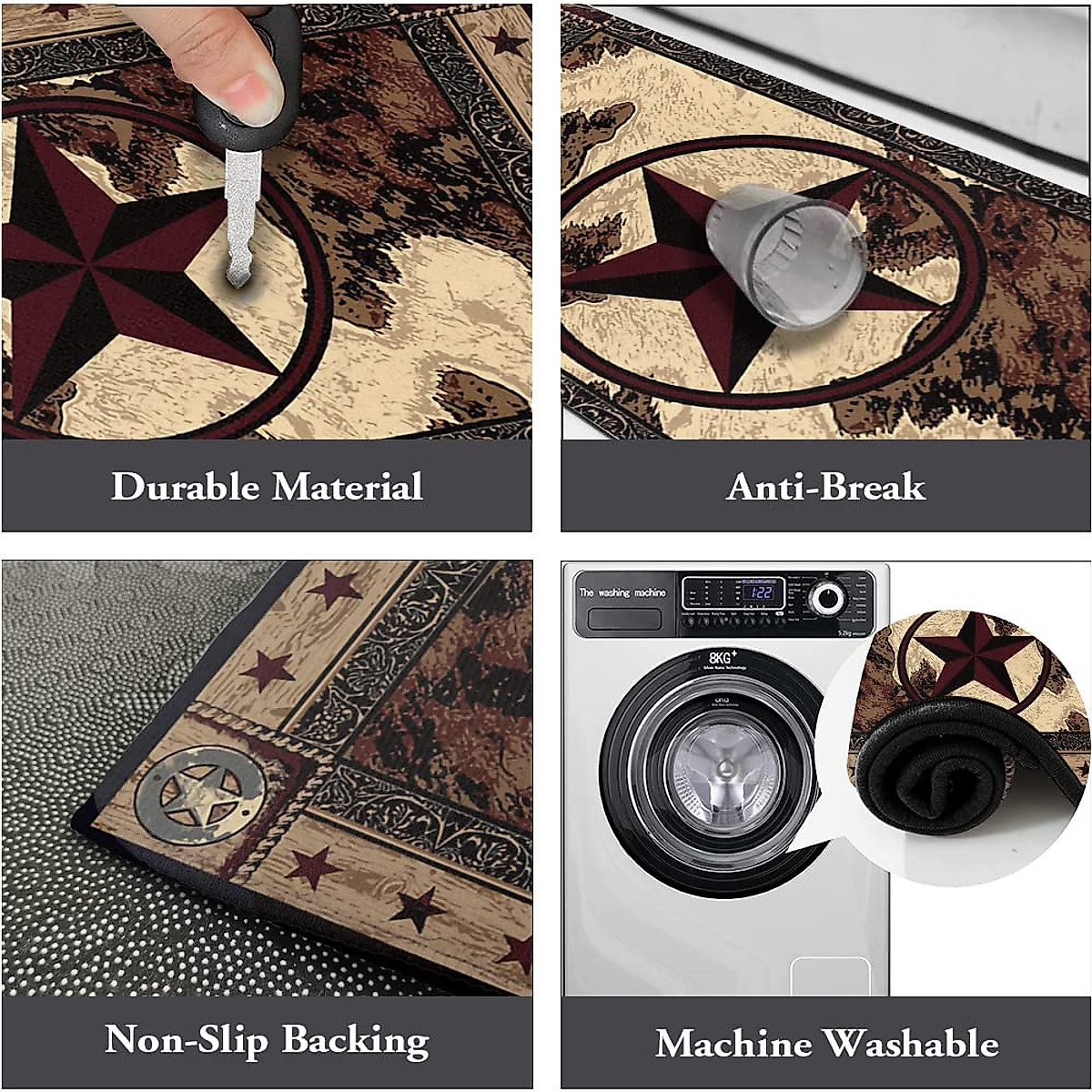2 Pieces Non-Slip Vintage Style Kitchen/Bath Rug Runner Mat, Super Absorbent Rugs, Washable Carpet Kitchen Mats 15.7x23.6inch+15.7x47.2inch, Western Texas Star on Wood Panel Rustic