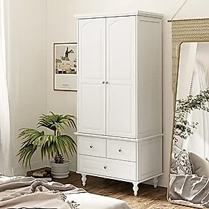 ECACAD Wardrobe Closet Armoire with 2 Doors, 3 Drawers, 4-Tier Storage Shelves & Hanging Rod, Wooden Clothes Storage Cabinet for Bedroom, White (31.5”W x 19.7”D x 70.9”H)