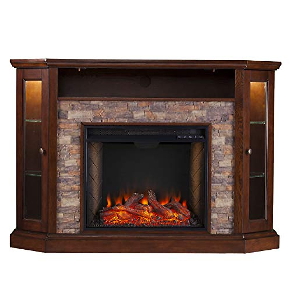 SEI Furniture Redden Faux Stone Convertible Alexa-Enabled Electric Media Storage Corner Fireplace, Espresso