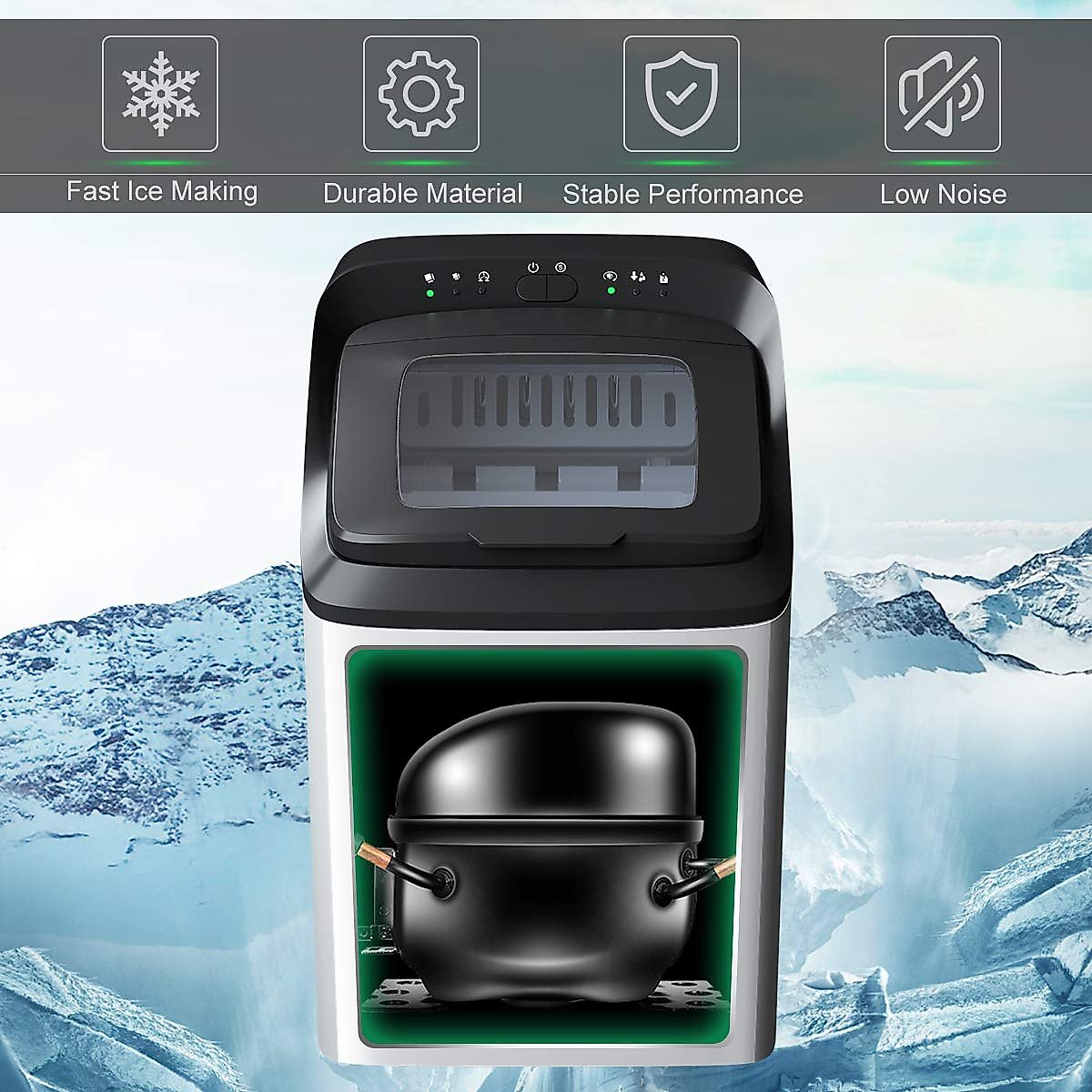 COSTWAY Countertop Ice Maker, 33LBS/24H Portable and Compact Ice Machine with Self-cleaning Function, Bullet Ice Cubes Ready in 7 Mins, Include Ice Scoop and Basket, Soinc Ice Maker for Indoor Use, RV