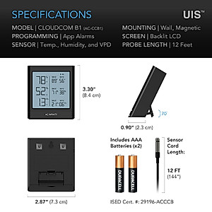 AC Infinity CLOUDCOM B1, Temperature Humidity VPD Smart Hygrometer with LCD Display & Bluetooth App Monitor, Climate Gauge Thermometer Sensor Probe for Basements, Guitar Rooms, Grow Tents, Greenhouses