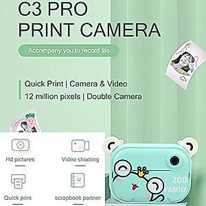 Instant Print Camera, 2.4 Inch IPS Screen Cartoon Print Camera, 200DPI Print Resolution, Maximum Support 32GB Memory Card Card