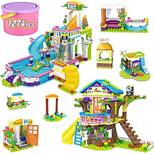 1274 Pieces Friends Tree House Summer Pool Party Building Kit, Friends Treehouse Swimming Pool Building Set with Storage Box, Creative Building Blocks Toy Birthday Gifts for Kids Girls Aged 6-12