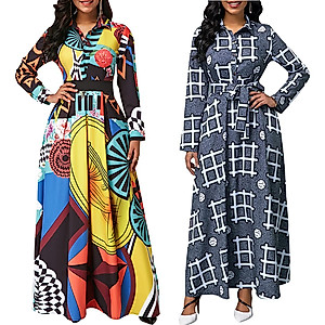 MsavigVice Maxi Dresses for Women Floral Print Casual Long Sleeve Button Down Loose Party Maxi Dress with Belt