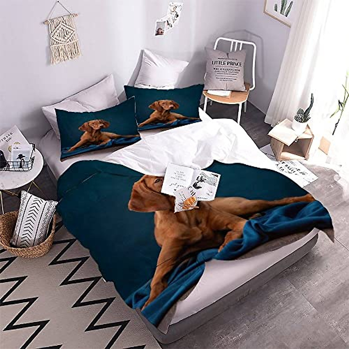 Quilt Cover Queen Size Hungarian Hound 3D Bedding Sets Dog, Animal Duvet Cover Breathable Hypoallergenic Stain Wrinkle Resistant Microfiber with Zipper Closure,beding Set with 2 Pillowcase