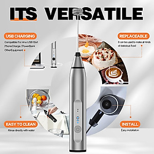 Milk Frother Rechargeable Handheld Electric Whisk Coffee Frother Mixer with 3 Stainless whisks 3 Speed Adjustable Foam Maker Blender for Coffee Matcha Latte Cappuccino Hot Chocolate(Classic Silver)