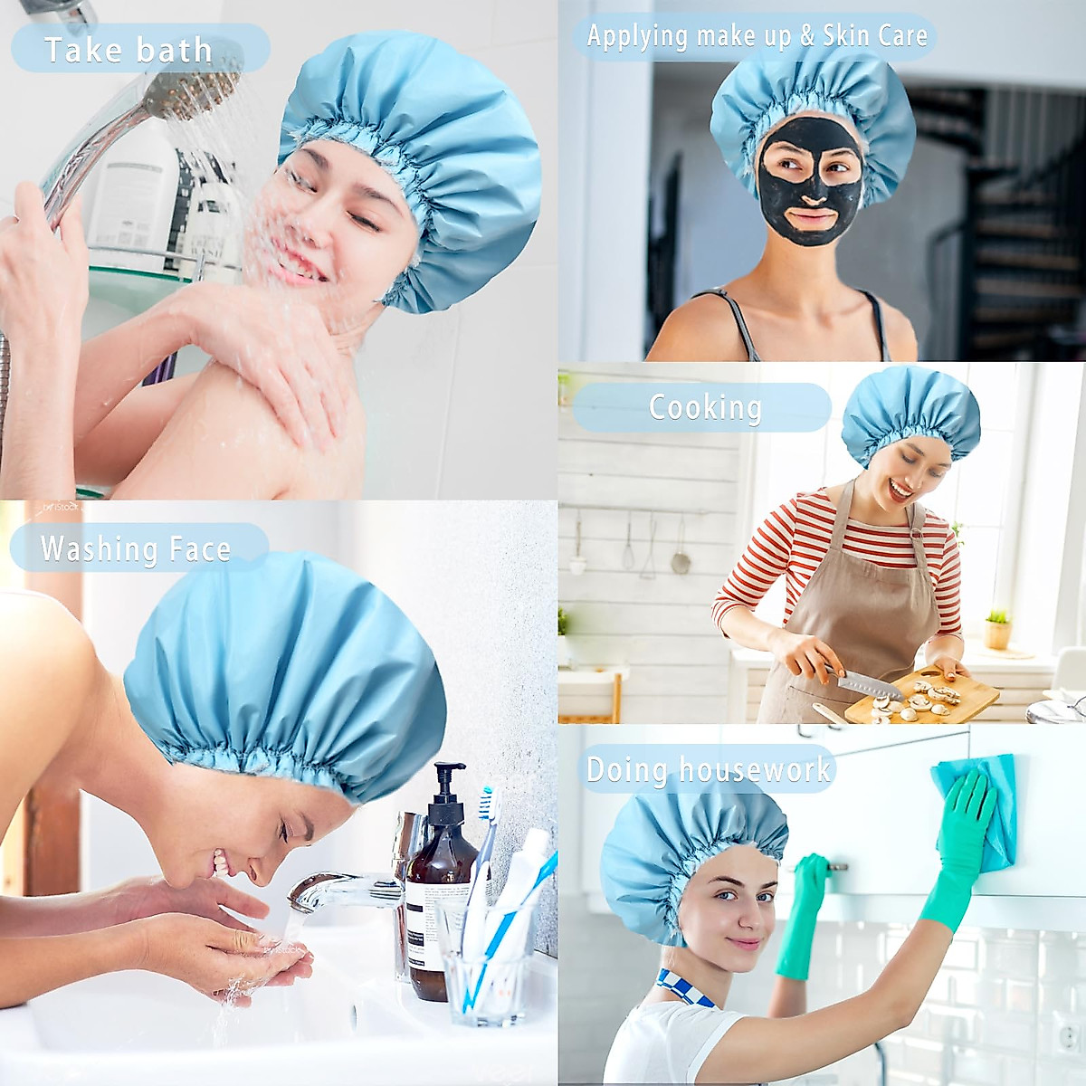 Shower Caps for Women, Terry Cloth Lined EVA Exterior Elastic and Reusable Bath Caps, Double Waterproof Layers Shower Cap, Bathing Shower Caps, Environmental Protection Bath Hair Cap - Blue