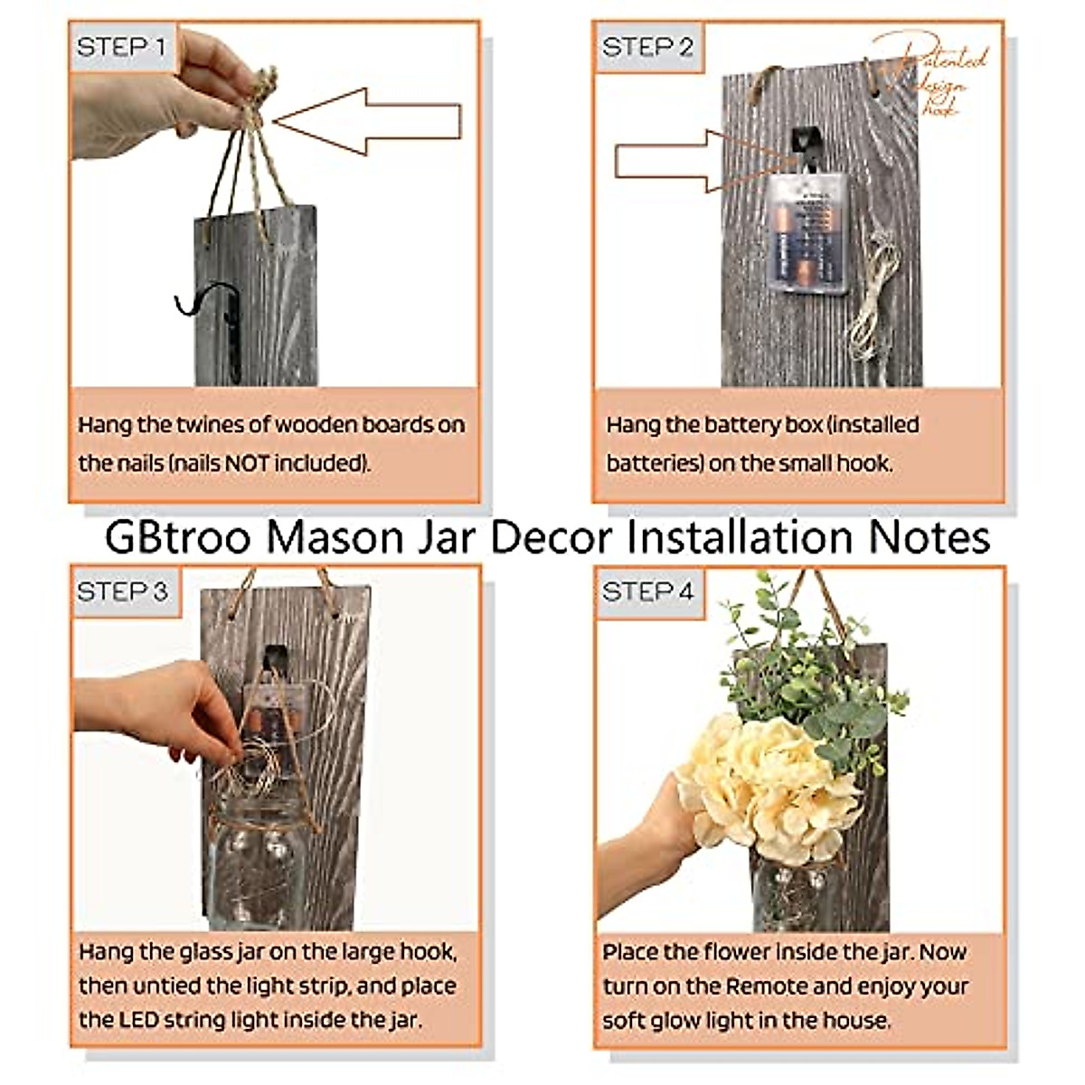 Mason Jar Sconces Home Design Wall Decor Remote Control Farmhouse Shabby Chic Living Room Kitchen Bedroom Bathroom Decoration with 6-Hour Timer LED Lights Flowers Silk Hydrangea Set of 2 Grey
