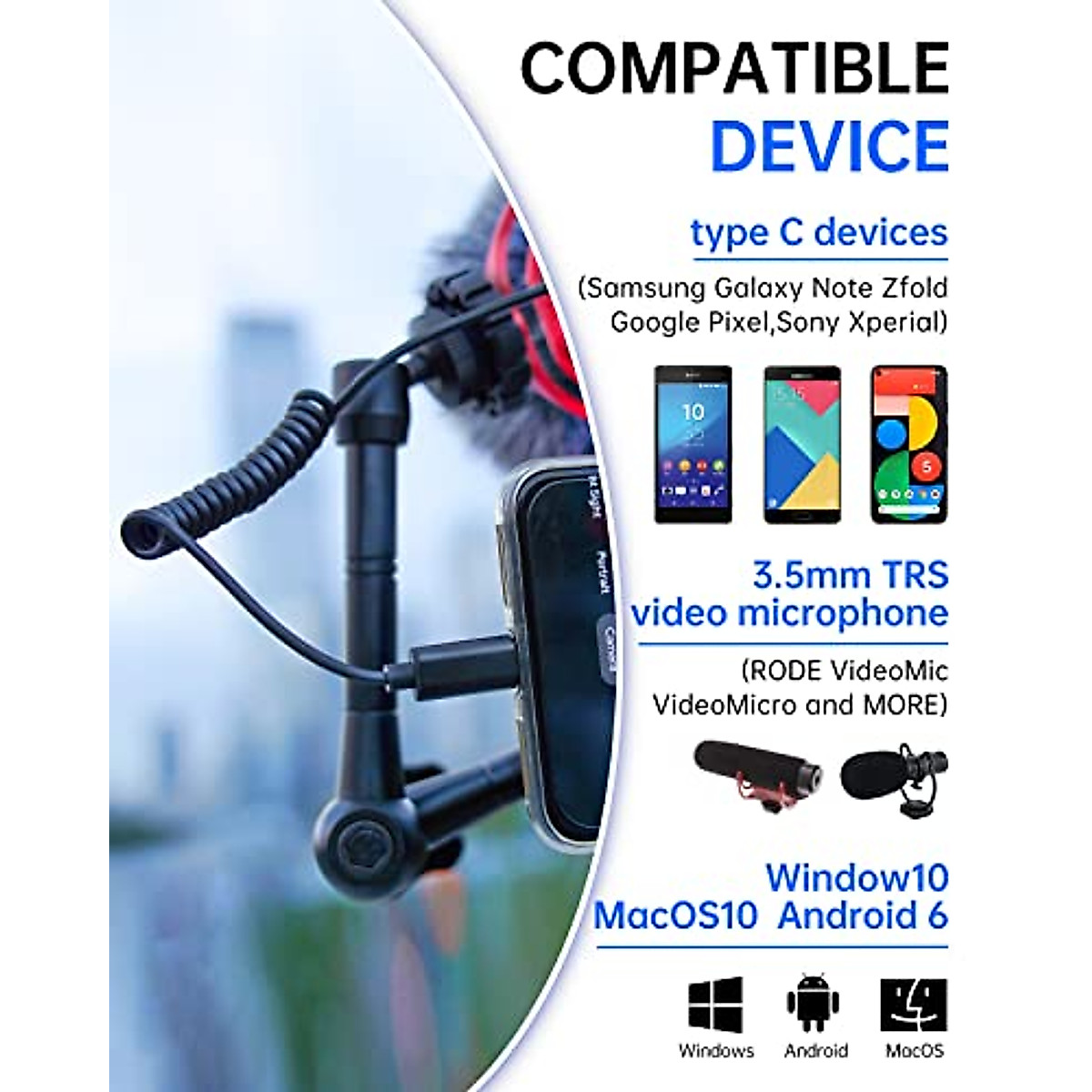 jstma USB-C Microphone-Adapter - 3.5mm TRS to Type C Video Mic Cable with 24bit 192kHz ADC - Compatible with Samsung Android Phones and RODE VideoMicro - Not for Action Cameras with i2s Mic Input