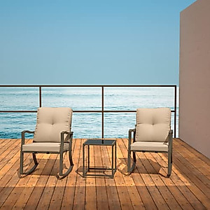 ALAULM Outdoor Rocking Chairs 3 Pieces Patio Bistro Set Patio Furniture Set Armrest Chair with Sand Thickened Cushions and Coffee Table for Patio Backyard Porch