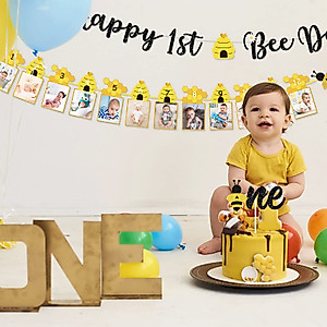 3 Pcs Happy 1st Bee Day Party Decorations, Bumble Honey Bee 1st Birthday Baby Photo Banner and Cake Topper, Bee Decorations Bee Birthday Party Decorations Bee Cake Decorations for Boys Girls Newborn