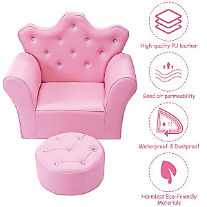Costzon Kids Sofa, Children Upholstered Sofa with Ottoman, Princess Sofa with Diamond Decoration, Smooth PVC Leather Toddler Chair, Kids Couch for Boys and Girls, Gift for Toddlers (Pink)