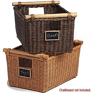 The Basket Lady Pole Handle Wicker Storage Basket, Extra Large, 20 in L x 16 in W x 10 in H, Antique Walnut Brown